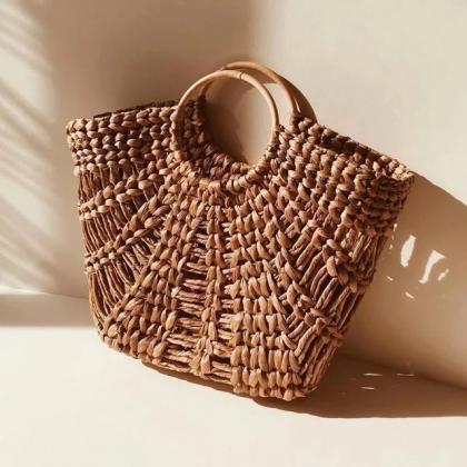 Handwoven Rattan Tote Bag With Round Handles on Luulla