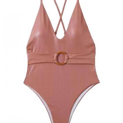 Womens Ribbed One-piece Swimsuit With Front Ring Detail on Luulla