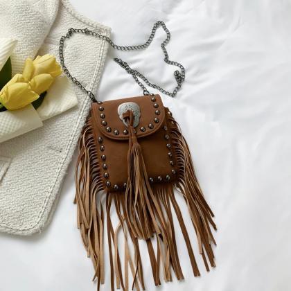 Boho Suede Leather Fringe Backpack With Silver Studs on Luulla