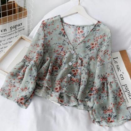 Women Floral Chiffon Ruffle Blouse on Luulla