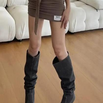 Blue Knee-high Slouch Denim Boots For Women on Luulla