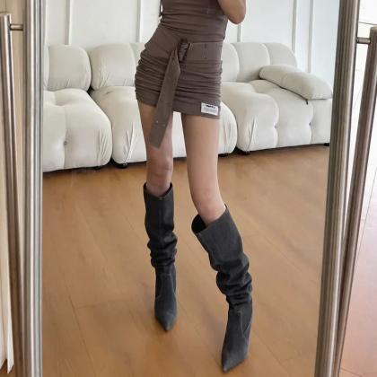 Blue Knee-high Slouch Denim Boots For Women on Luulla
