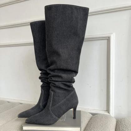 Blue Knee-high Slouch Denim Boots For Women on Luulla