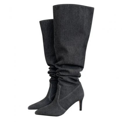 Blue Knee-high Slouch Denim Boots For Women on Luulla