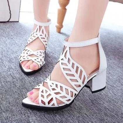 Black Geometric Cutout Block Heel Sandals on Luulla