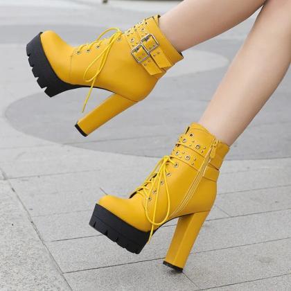 Yellow Lace-up Chunky Heel Ankle Boots on Luulla