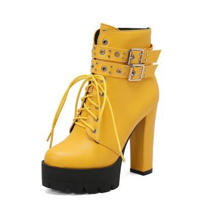 Yellow Lace-up Chunky Heel Ankle Boots on Luulla