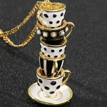 Gold Teacup Stack Pendant Necklace Handmade Jewelry on Luulla