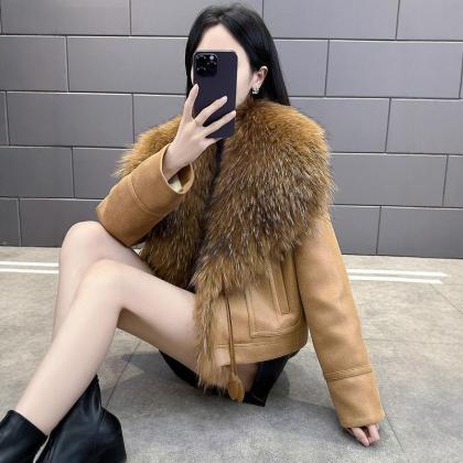 Luxurious Fur Trimmed Leather Winter Jacket on Luulla