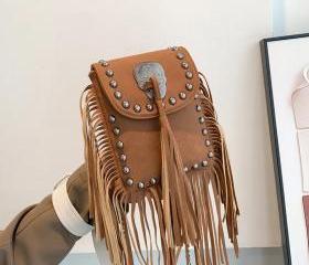 Boho Suede Leather Fringe Backpack With Silver Studs on Luulla