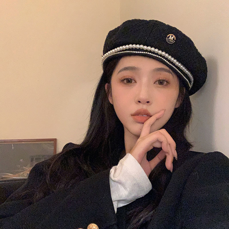 Winter Beret, Chain, Pearl, Hepburn Style Hat, French Elegant Net Red ...