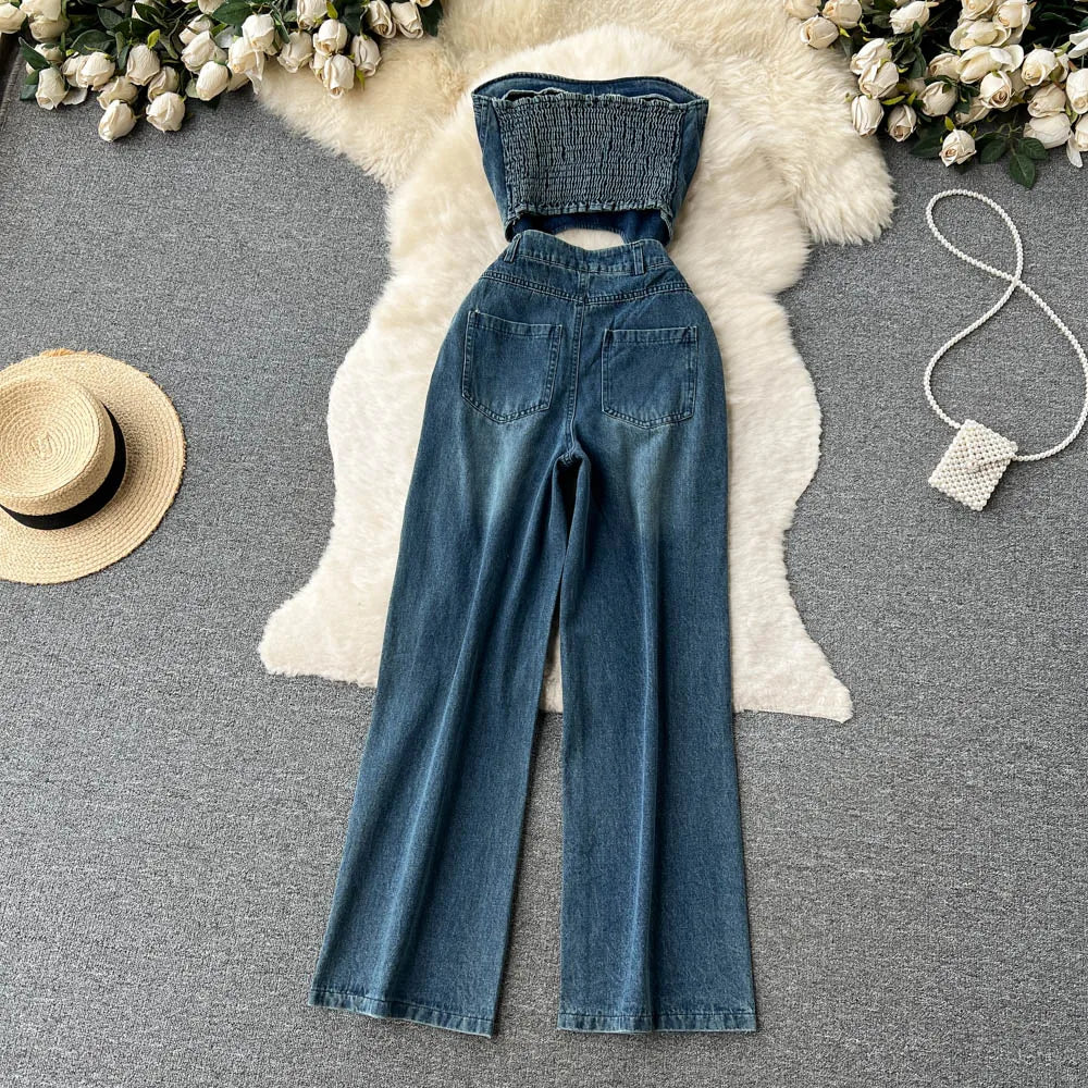 Womens High-waisted Distressed Denim Overalls With Wide Legs on Luulla
