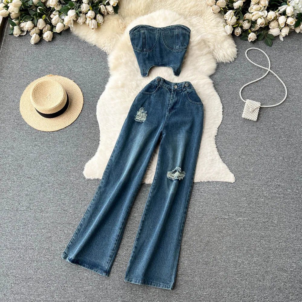 Womens High-waisted Distressed Denim Overalls With Wide Legs on Luulla