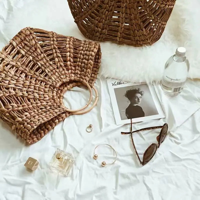 Handwoven Rattan Tote Bag With Round Handles on Luulla