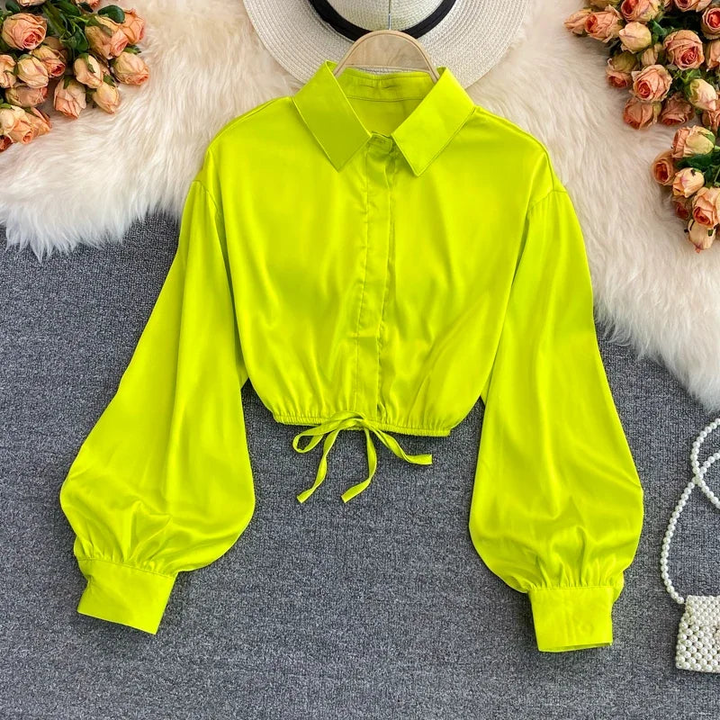 Womens Neon Green Satin Blouse With Drawstring Hem on Luulla