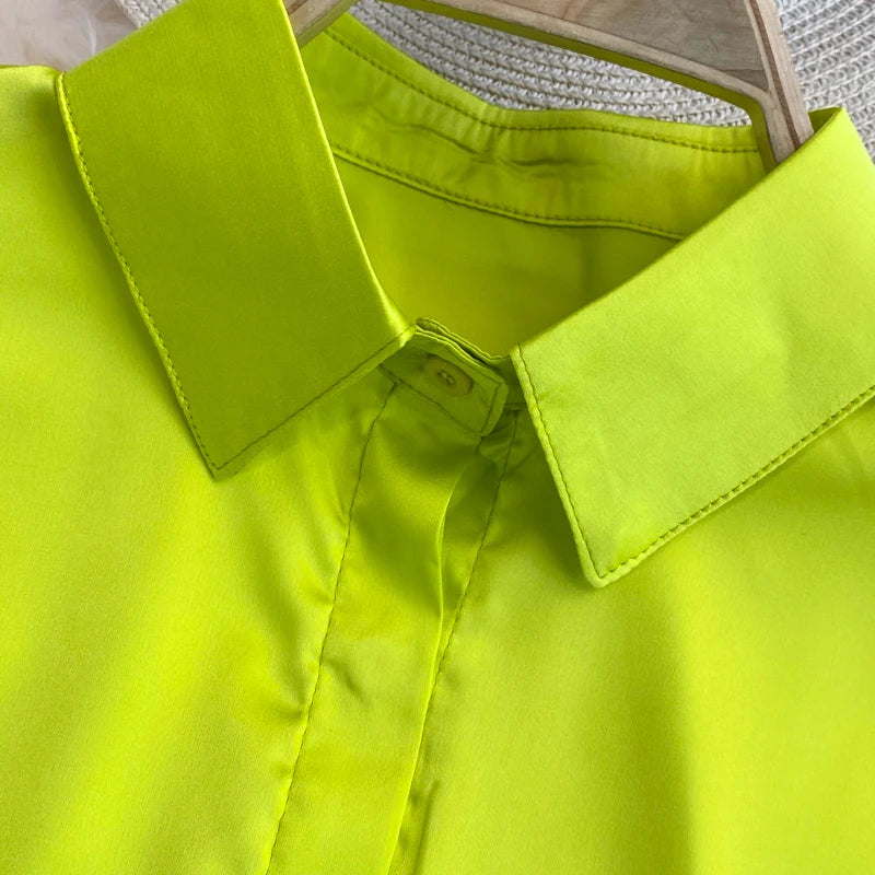 Womens Neon Green Satin Blouse With Drawstring Hem on Luulla