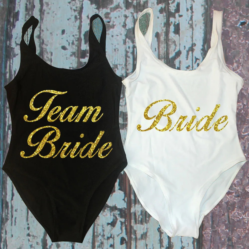 Team Bride And Bride Gold Lettering Swimsuits Set on Luulla