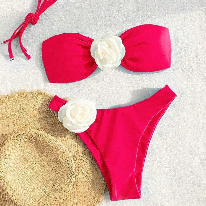 Womens Blue Floral Accent Bandeau Bikini Set Swimwear on Luulla