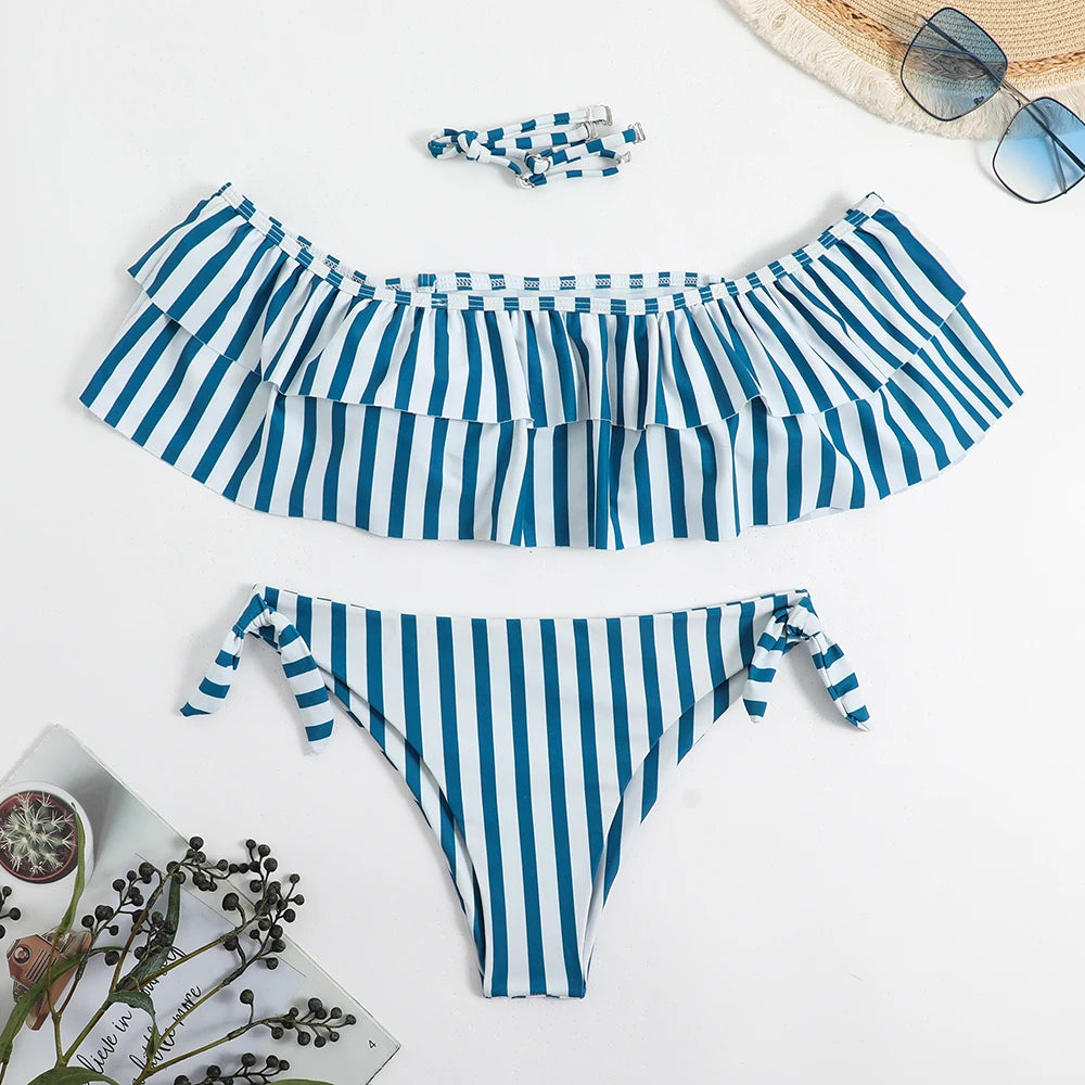 Womens Off-shoulder Ruffle Bikini Set With Stripes on Luulla