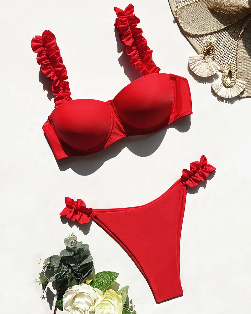 Womens Ruffled Straps Red Bikini Set Swimwear on Luulla