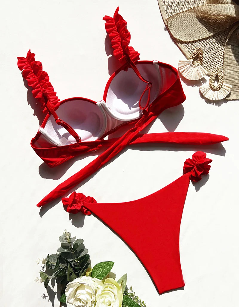Womens Ruffled Straps Red Bikini Set Swimwear on Luulla
