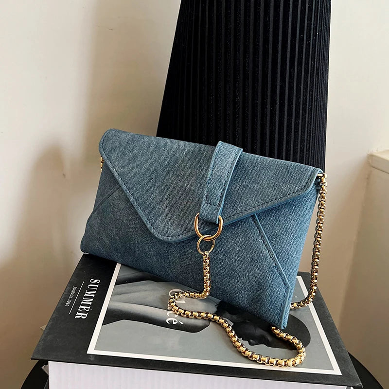 Chic Denim Envelope Clutch With Gold Chain Strap on Luulla