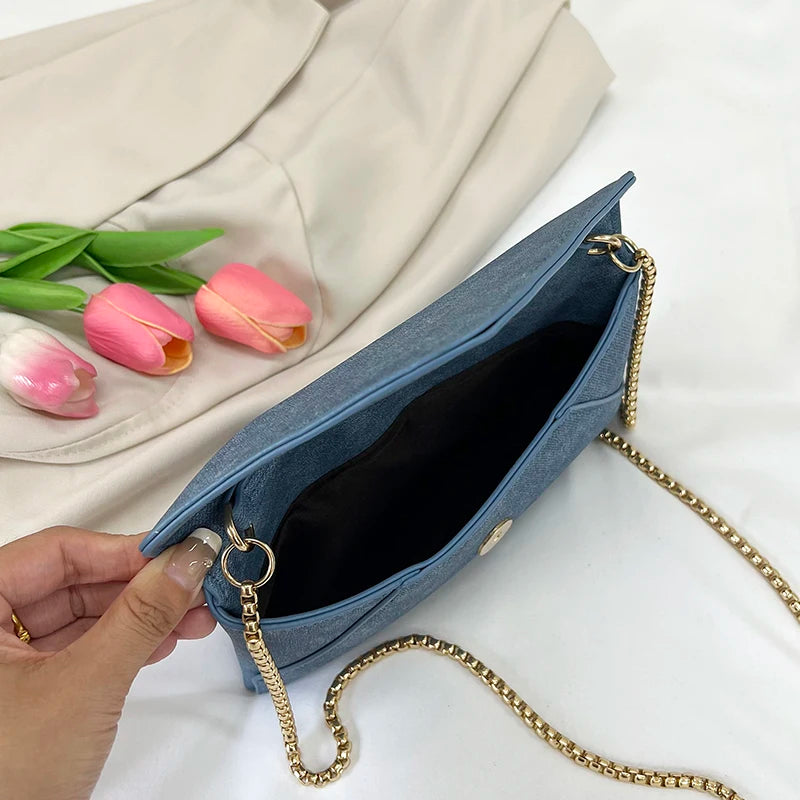 Chic Denim Envelope Clutch With Gold Chain Strap on Luulla
