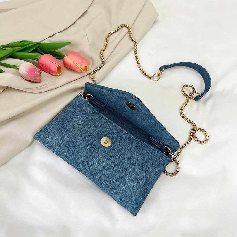 Chic Denim Envelope Clutch With Gold Chain Strap on Luulla