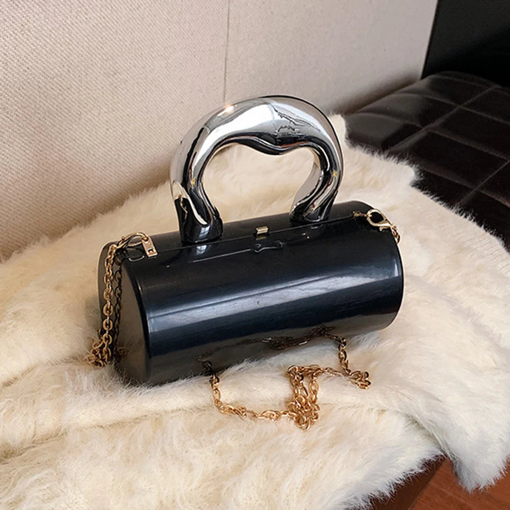 Elegant Black Barrel Handbag With Silver Handle And Chain on Luulla