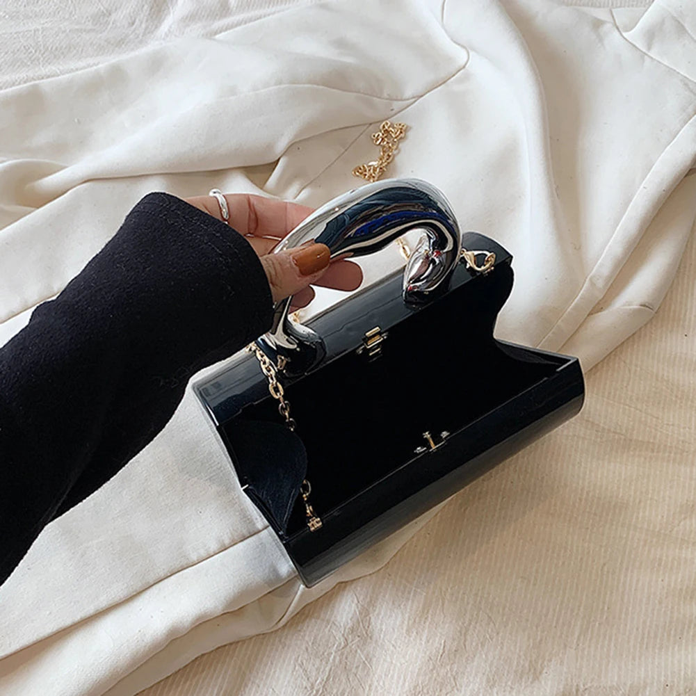 Elegant Black Barrel Handbag With Silver Handle And Chain on Luulla