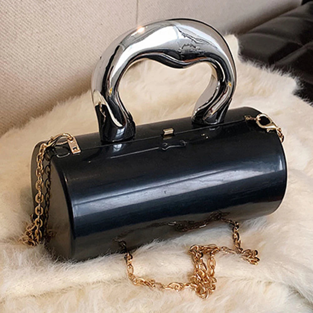 Elegant Black Barrel Handbag With Silver Handle And Chain on Luulla