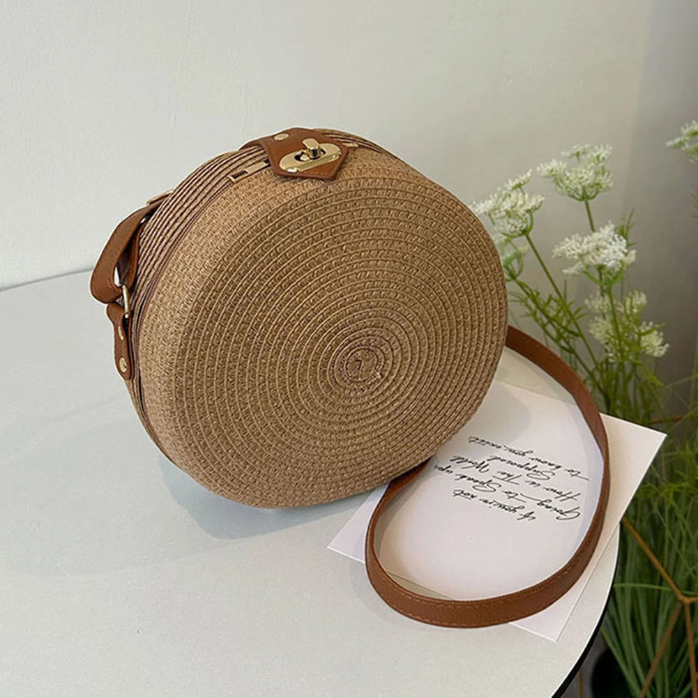 Round Woven Straw Crossbody Bag With Leather Strap on Luulla