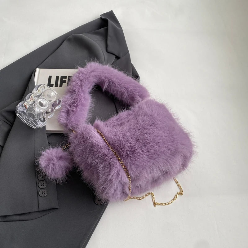 Luxury Fluffy Faux Fur Chain Womens Shoulder Bag on Luulla