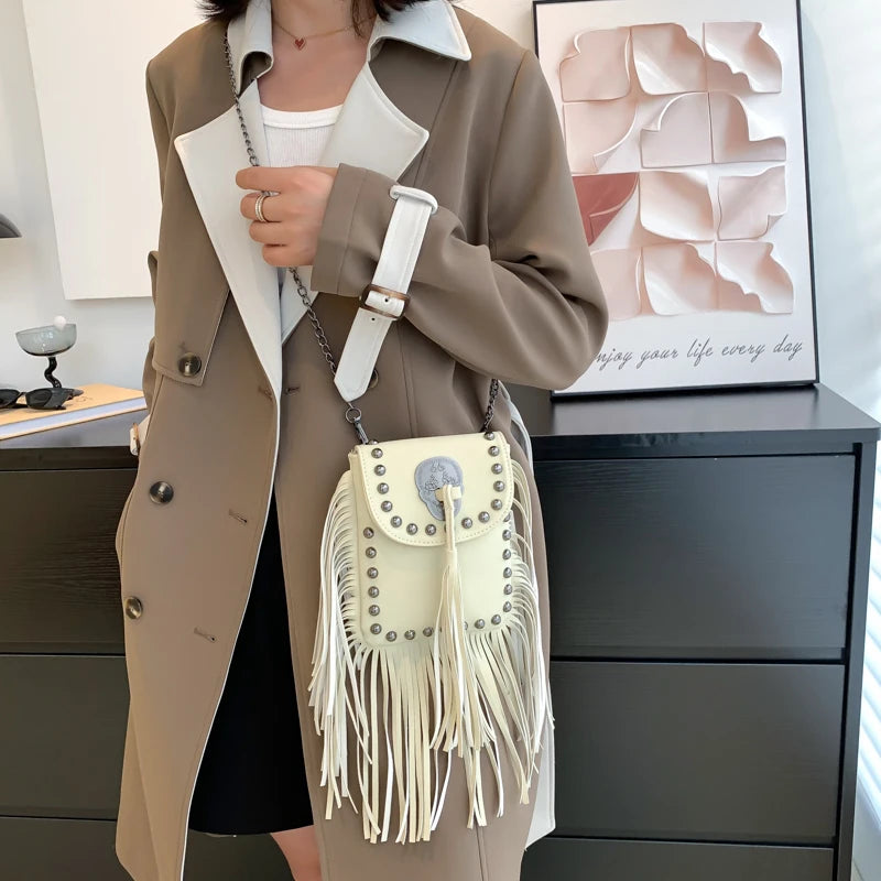 Boho Suede Leather Fringe Backpack With Silver Studs on Luulla