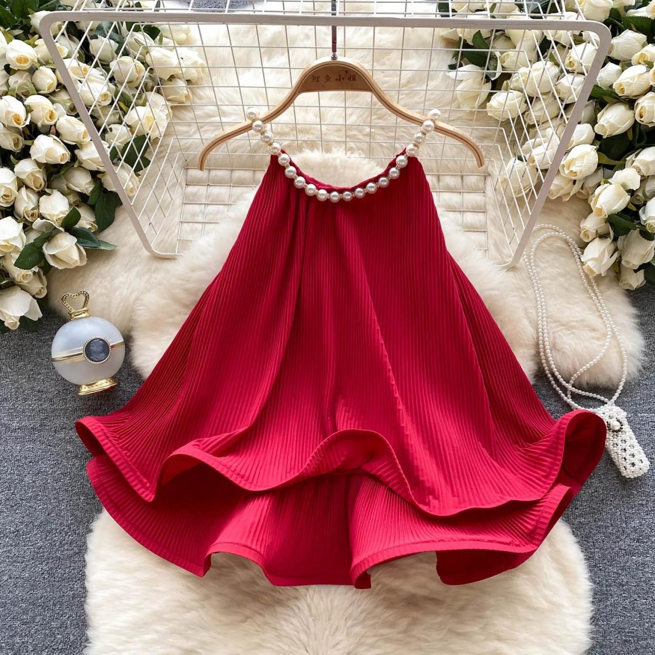 Red dress with pearl necklace store