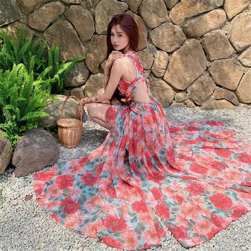 Floral Backless Summer Maxi Dress With Train on Luulla