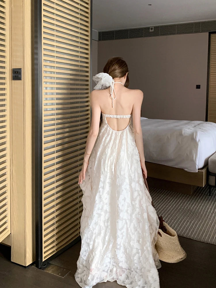 Elegant White Lace Backless Halter Maxi Dress on Luulla