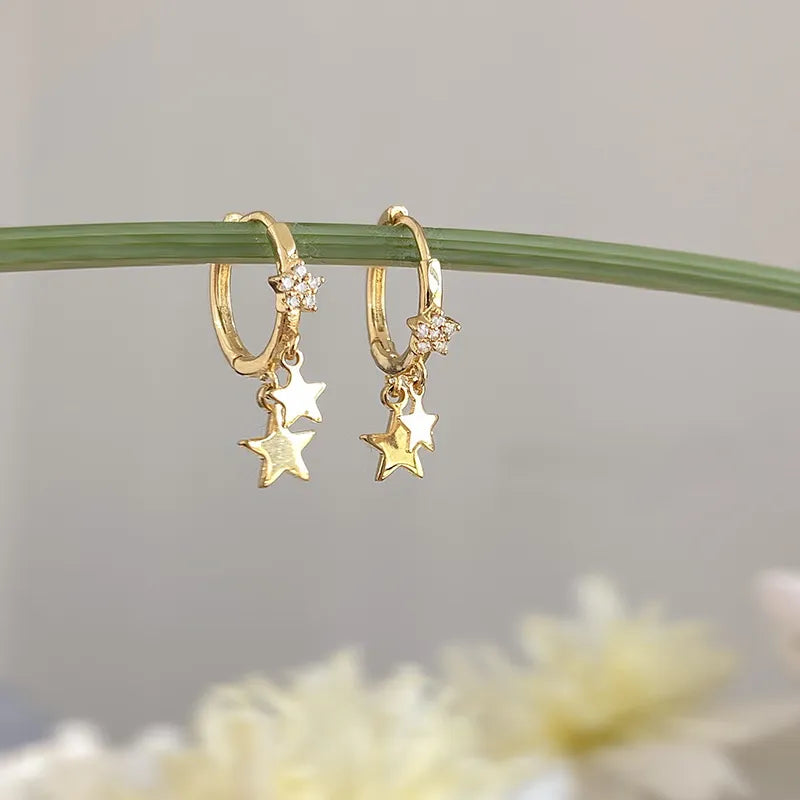 Gold Star Dangling Hoop Earrings With Crystals on Luulla