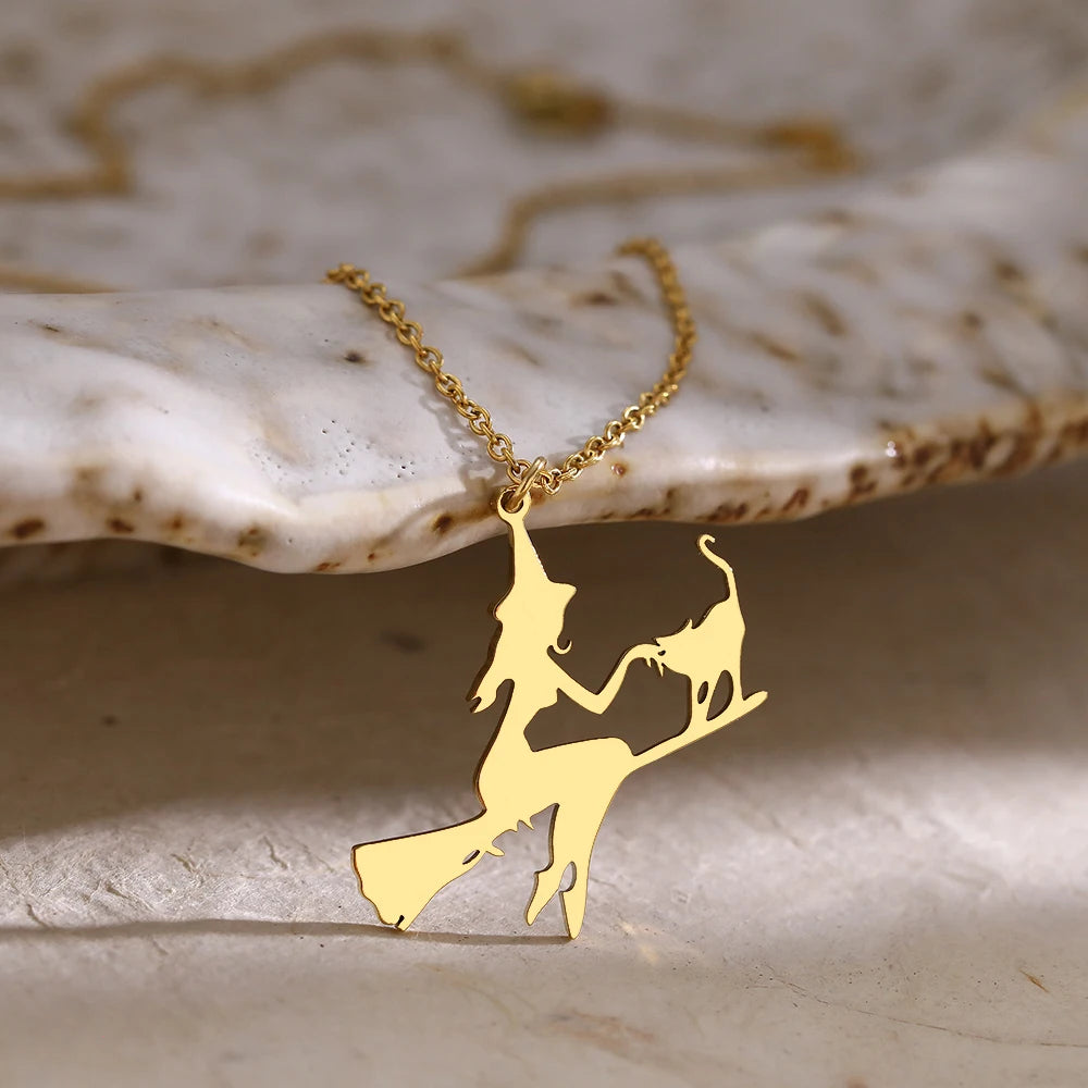 Gold Witch And Cat Pendant Necklace on Luulla