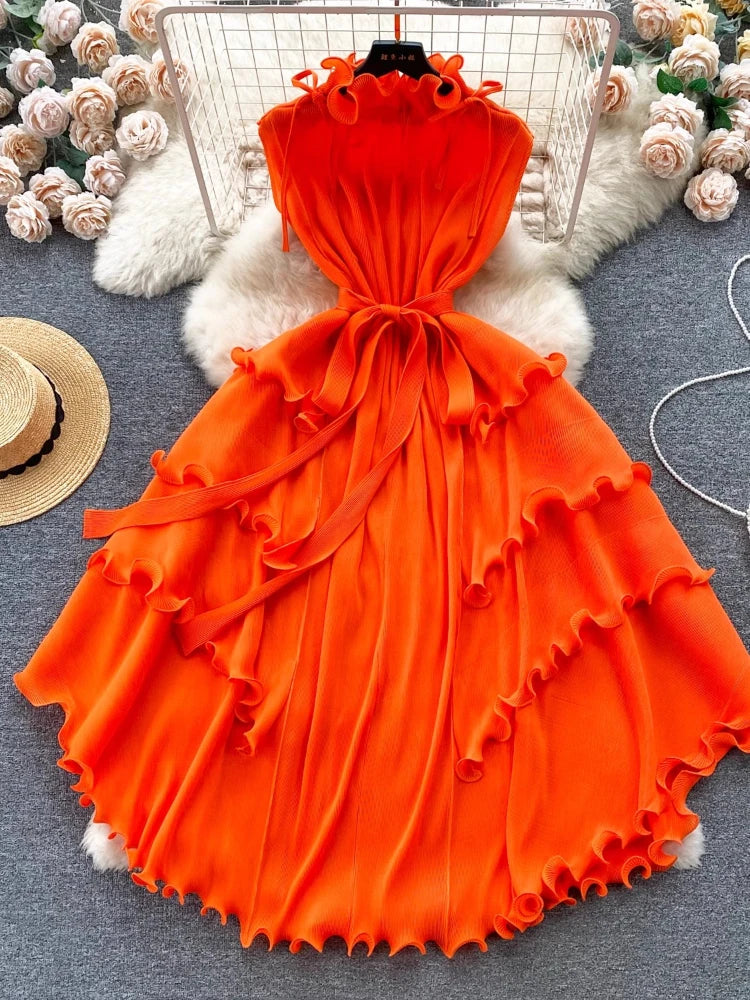 Elegant Orange Ruffle Tiered Dress For Women on Luulla
