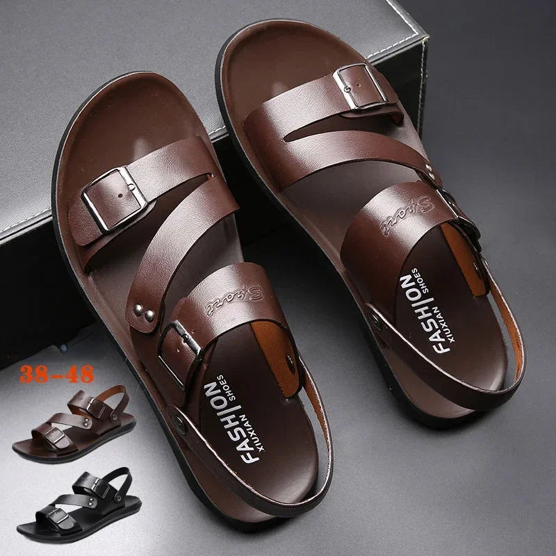 Mens Stylish Leather Sandals With Double Buckle on Luulla