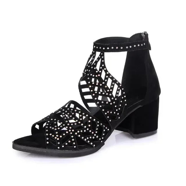 Black Geometric Cutout Block Heel Sandals on Luulla