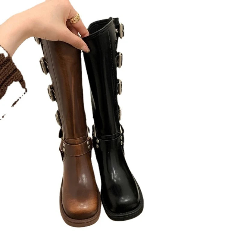 Womens Black Buckle Strapped Knee-high Boots on Luulla