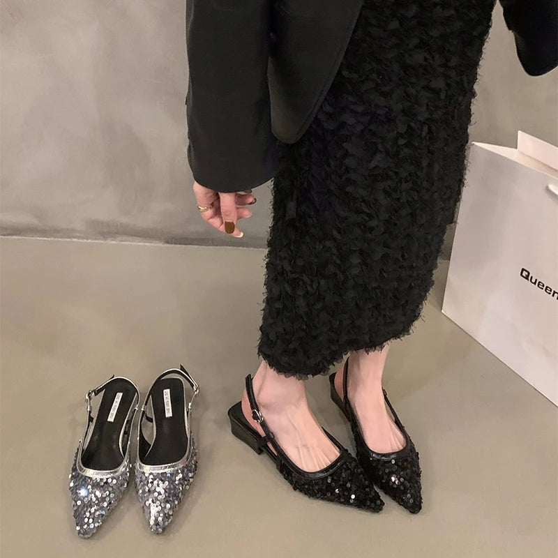 Glittery Slingback Sequin Pointed Toe Flats on Luulla
