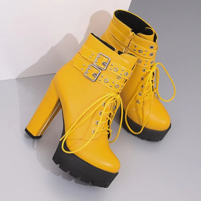 Yellow Lace-up Chunky Heel Ankle Boots on Luulla