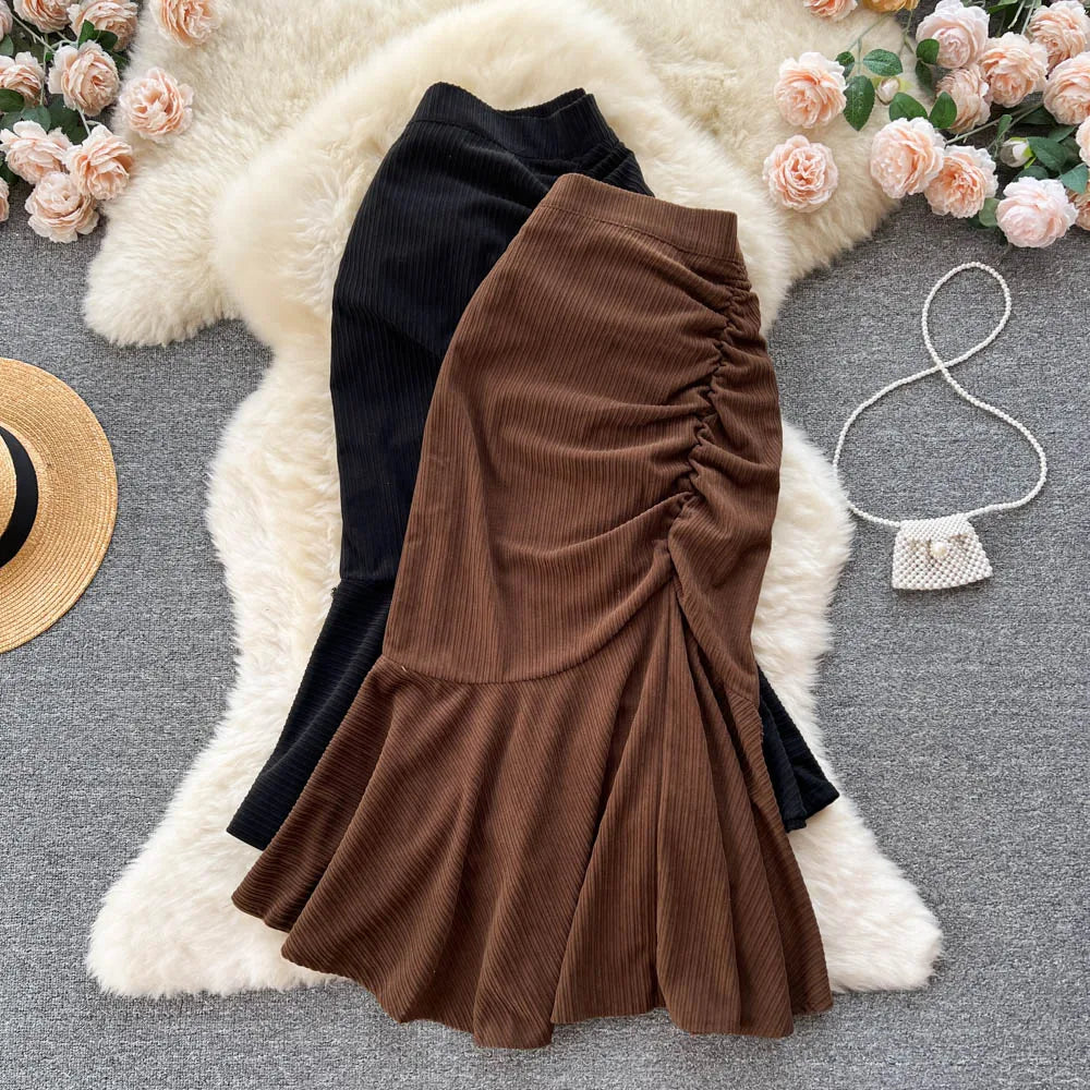 Elegant High-waist Ruched Mermaid Midi Skirt on Luulla