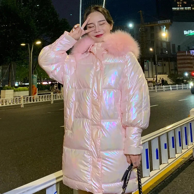 Iridescent Pink Puffer Coat With Faux Fur on Luulla