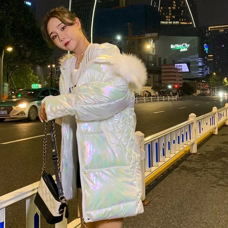 Iridescent Pink Puffer Coat With Faux Fur on Luulla