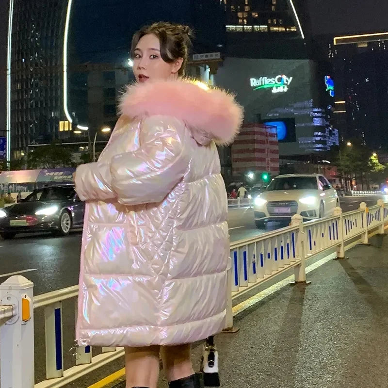Iridescent Pink Puffer Coat With Faux Fur on Luulla