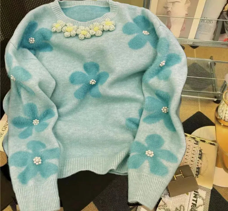 Cozy Blue Floral Sweater With Embellished Details on Luulla
